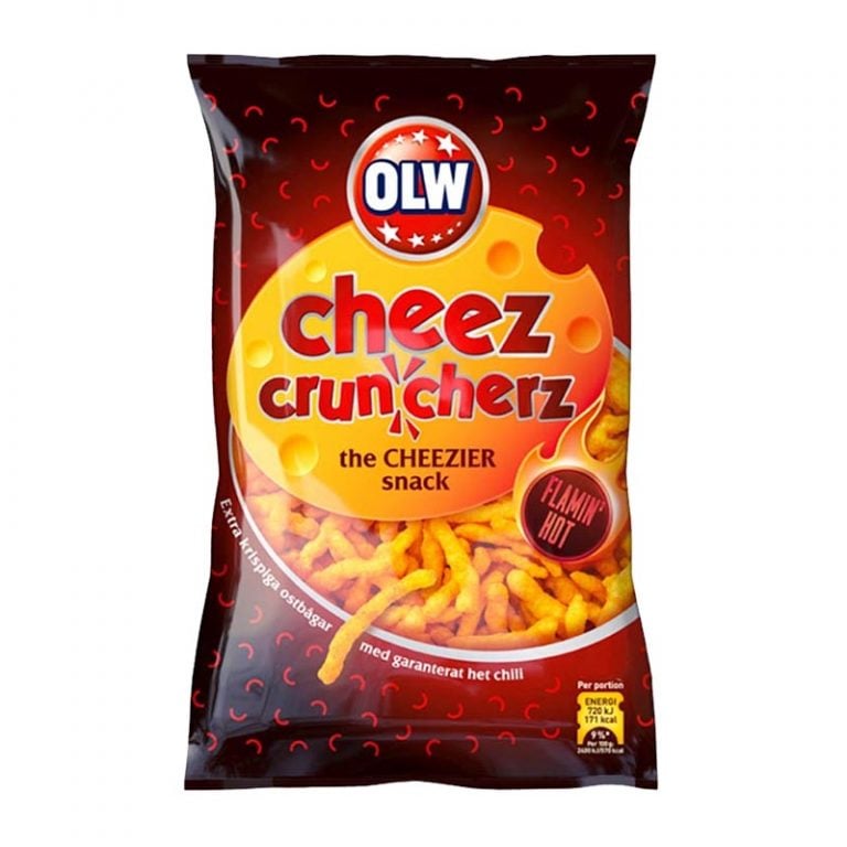 OLW Flamin Hot Cheez Crunchers Ostbågar 225g - Drakfrukt.se